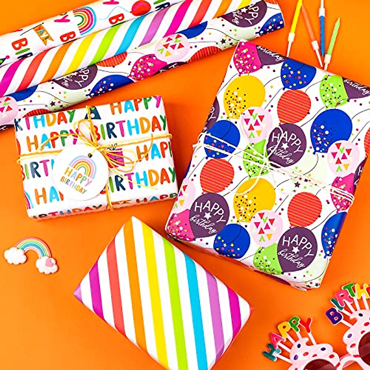 WRAPAHOLIC Birthday Wrapping Paper Roll - Mini Roll - 3 Rolls - 17 Inch X 120 Inch Per Roll - Colorful Balloons, Stripes, Happy Birthday for Party, Celebration, Baby Shower