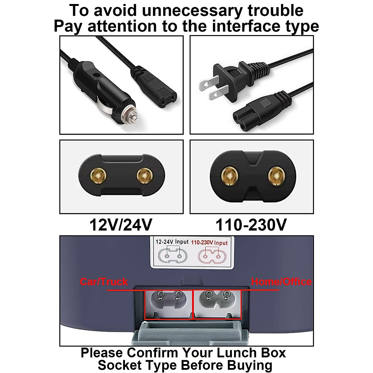 Buddew Power Cord - 12/24V/Car Charger & 110-230V Home/Office Wall Charger Compatible wtih Buddew Electric Lunch Box ABY Series, Portable Electric Heating Bento Box Power Cable