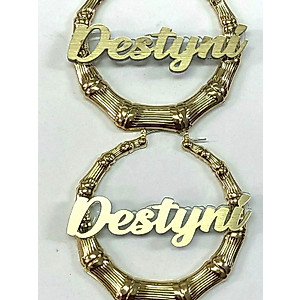 Stylish Bamboo Earrings Personalized Custom Gold 1.5, 2.5, 3.5" Size and Background Color Choice Hoop Name Plate Laser Cut Made To Order - Any Name Script Cursive Letters Stunning, Quality, Attractive (3.5" Bamboo Earrings)