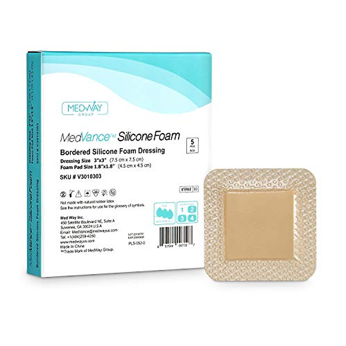 MedVanceTM Silicone - Bordered Silicone Adhesive Foam Dressing, Size 3"x3", (1.8"x1.8" pad), Box of 5 dressings
