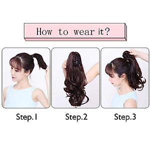 FELENDY Ponytail Extension Claw 18" 20" Curly Wavy Straight Clip in Hairpiece One Piece A Jaw Long Pony Tails for Women Dark Brown