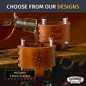 Oowee Genuine Leather Sleeve & Rocks Glasses - Set of 2 | 9.6 oz Whiskey Glasses & Old Fashioned Glasses | Great Gift for Men - Sleeve Made in the USA - Compass