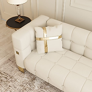 MoLiFaning 89" Modern Chesterfield Velvet Sofas Mid Century Modern Button Tufted Velvet Couches with 2 Pillows and Gold Legs,for Living Room Apartment Bedroom Office Beige