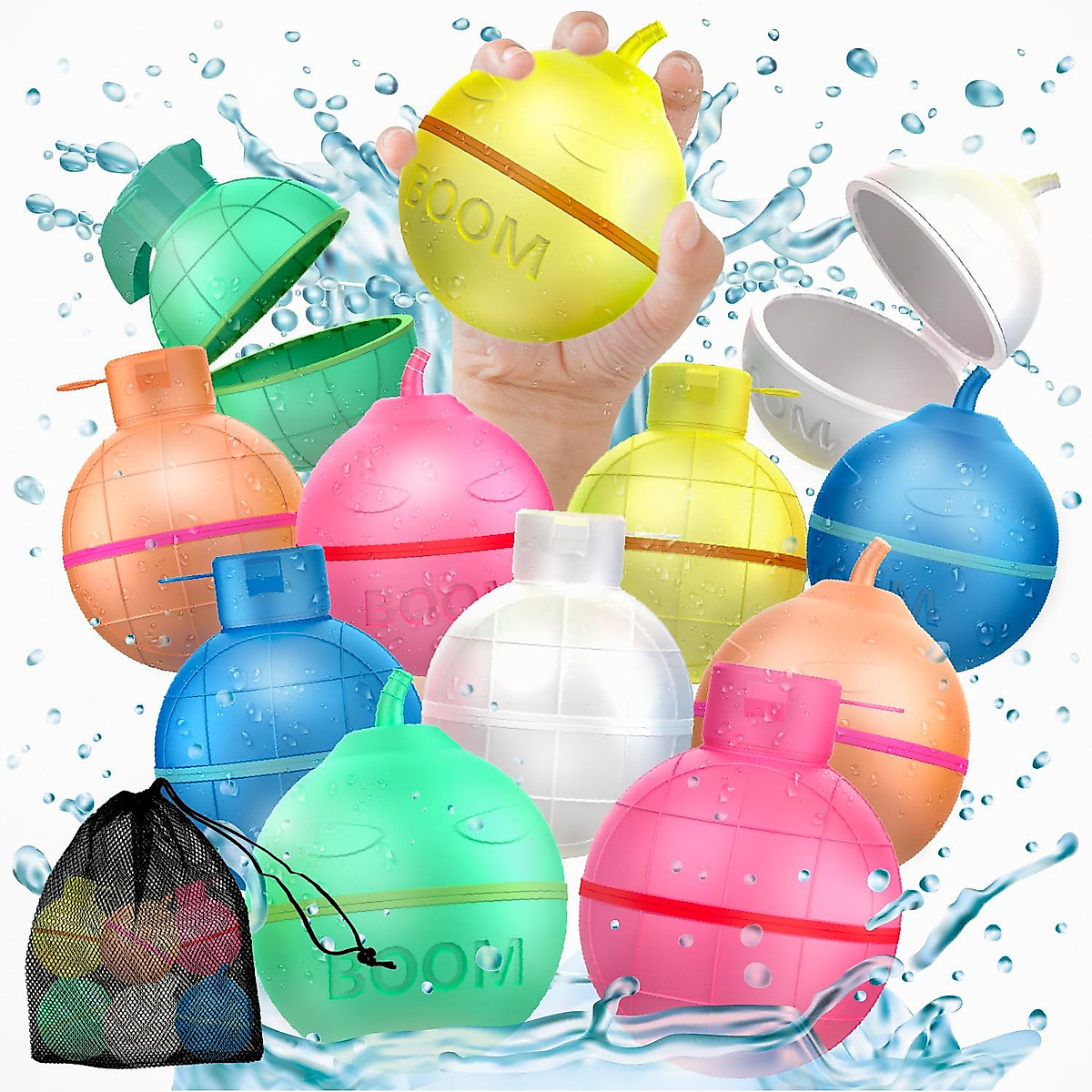 12pcs Reusable Water Balloons for Kids - Silicone Balloon with Magnetic Self Sealing Magnetic Quick and Easy Refill Outdoor Water Bombs - Bulk Pack with Mesh Bag (Bomb & Grenade)