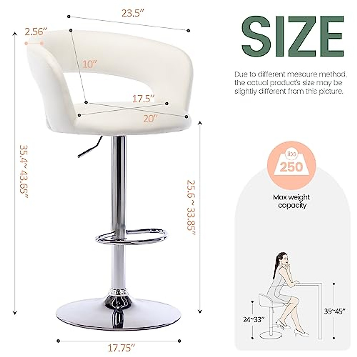 Brage Living Wide Bar Stool, Modern PU Leather Swivel Adjustable Barstool with Hollow Back and Arms, Upholstered Airlift Counter Height Bar Chair for Kitchen Dining (Ivory)