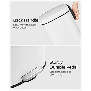 SONGMICS 8-Gallon Trash Can, Stainless Steel, with Hinged Lid, Plastic Inner Bucket, Soft Closure, Odor Proof, Hygienic, White