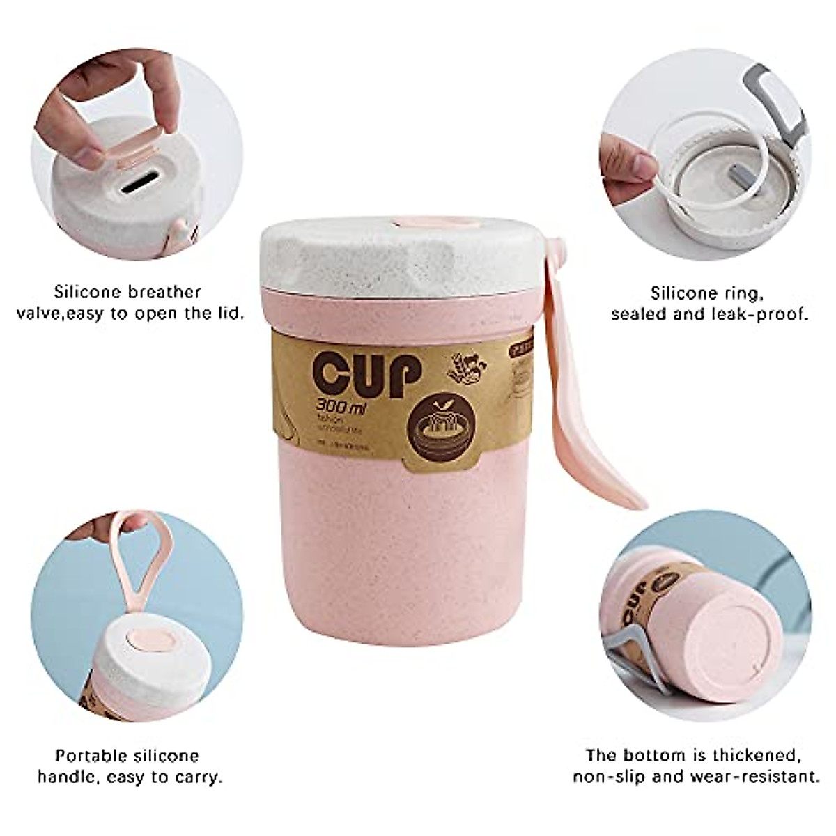 LZYMSZ 2PCS Wheat Straw Soup Cup, 300ml Portable Microwaveable Breakfast Cup, 2 Colors Porridge Lunch Box with Spoon for School Office Outdoor Travel Student (Blue and Pink)