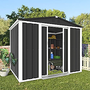 Crownland 4' x 6' Outdoor Garden Storage Shed, Sliding Door Outdoor Lawn Steel Roof Style Sheds with Air Vent for Garden, Lawn, Backyard (Gray)