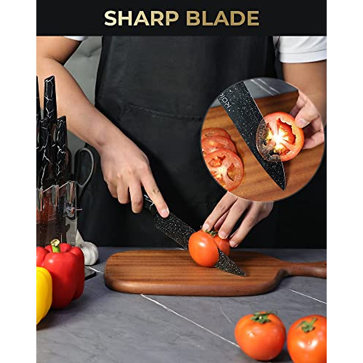 Knife Set, 16 Pcs Kitchen Knife Set, Sharp Stainless Steel Chef Knife Set with Acrylic Stand, Nonstick Knife Sets for Kitchen with Block - 6 Serrated Steak Knives, Scissors, Sharpening Steel, Black