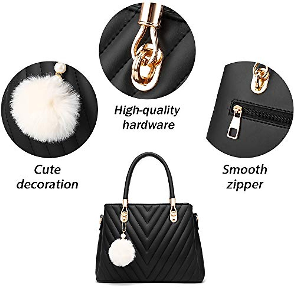 Womens Fashion Leather Handbags Quilted Purses Top-handle Totes Satchel Bag for Ladies Shoulder Bag for Girls with Pompom White