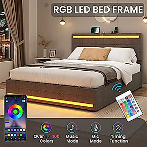 ADORNEVE Queen LED Bed Frame with 4 Drawers and 2 USB Charging Station, Queen Size Bed Frame with LED Lights Headboard Footboard, Upholstered Platform Bed with Storage, No Box Spring Needed, Dark Grey