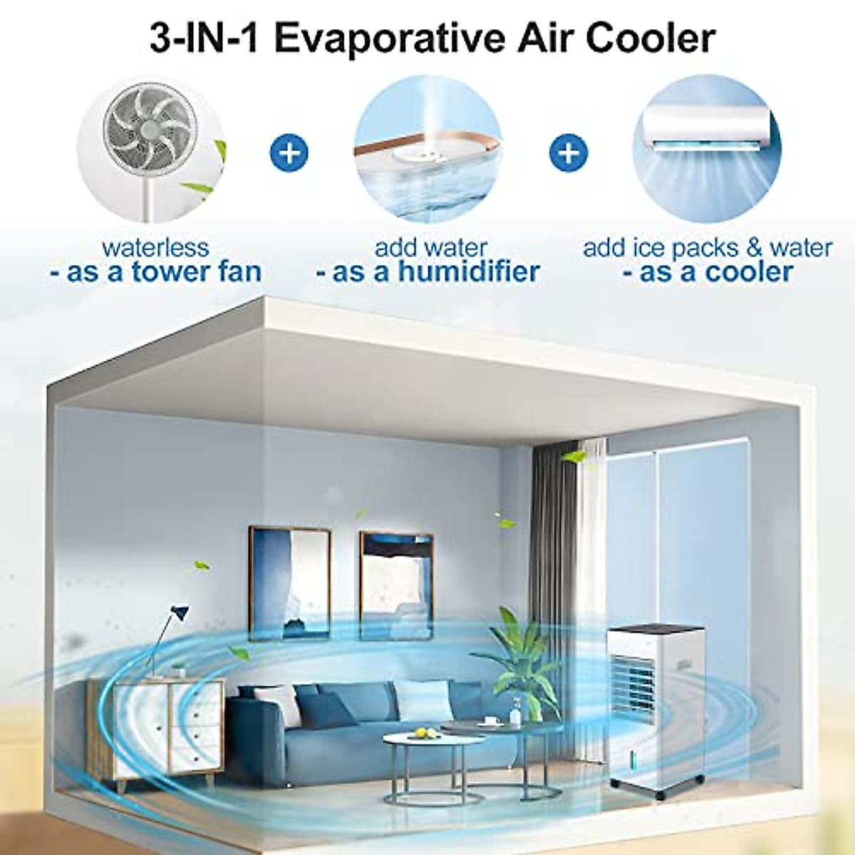 Portable Air Conditioners, 3-IN-1 Air Conditioner Portable for Room, 3 Speeds Evaporative Air Cooler, Fast Cooling Portable AC w/Timer, 52° Oscillation Tower Fan, Remote Swamp Cooler for Office