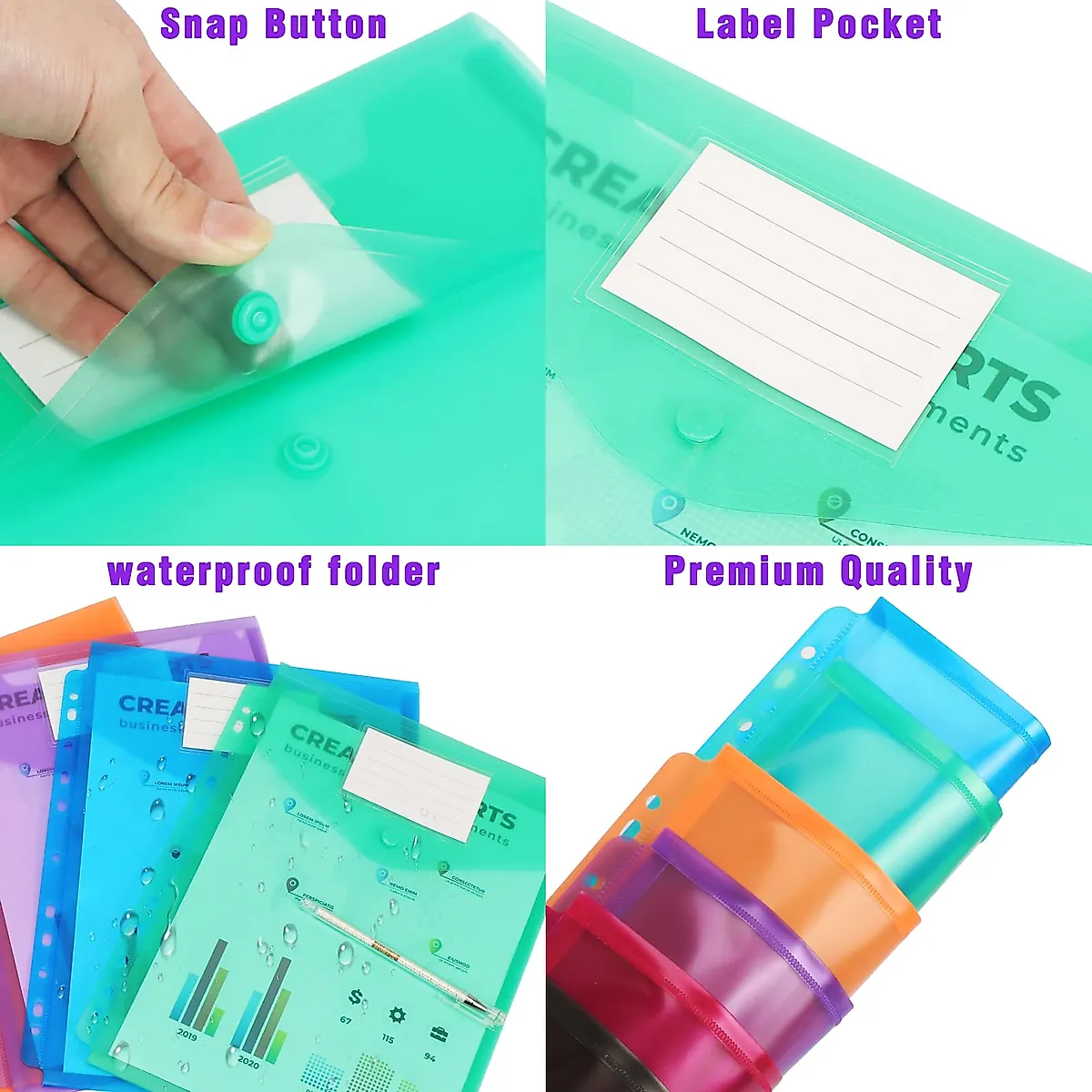 NatureTouch 12Pcs Binder Pocket, Clear Binder Organizer File Folders for 3 Ring, A4 / Letter Size Poly Document Envelopes Pouch with Snap Closure & Label for School Office Supplies,Matte&Solid