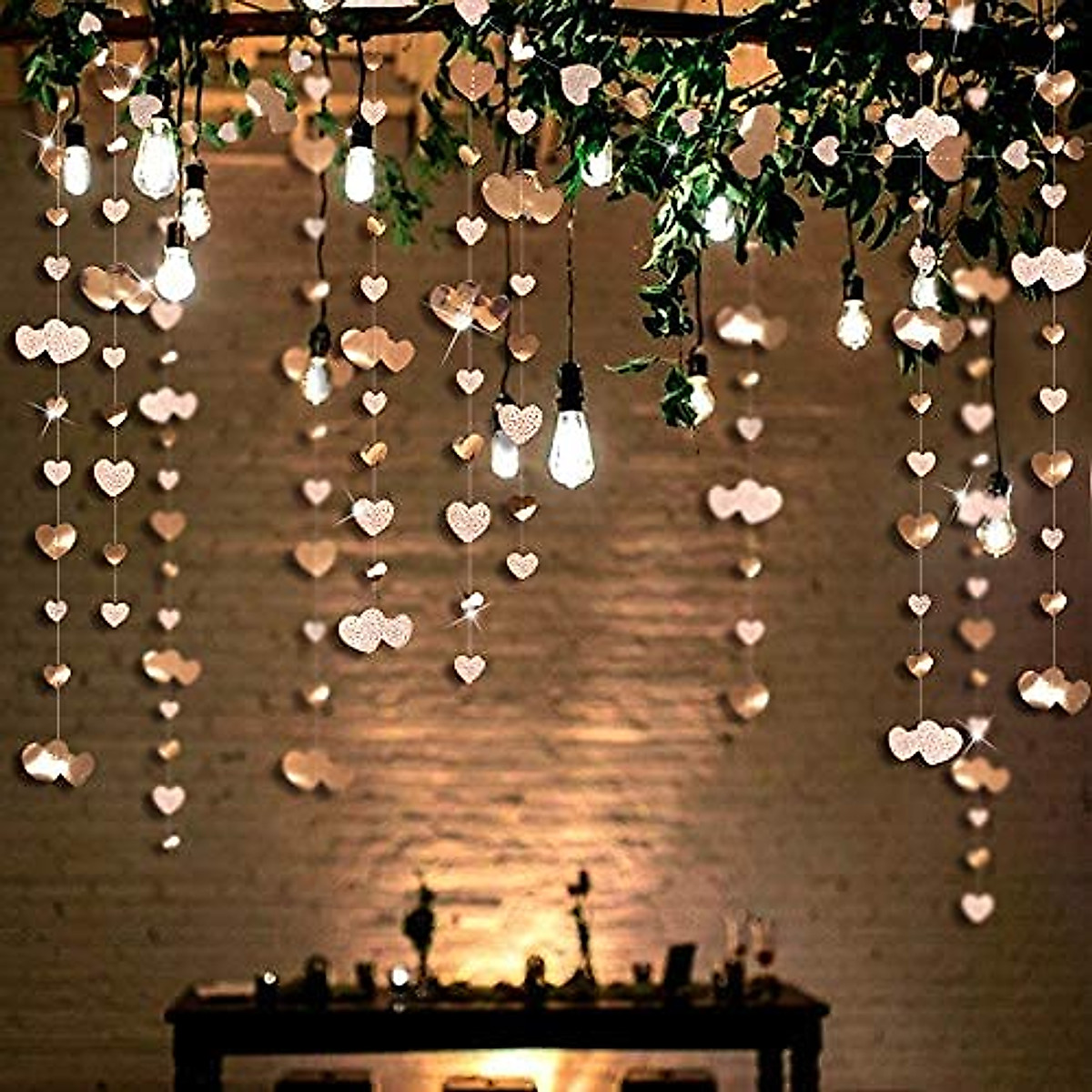 52Ft Champagne Gold Heart Garland Metallic Glitter Paper Love Heart Streamer Banner for Anniversary Mothers Day Valentines Day Engagement Bridal Shower Wedding Bachelorette Birthday Party Decorations
