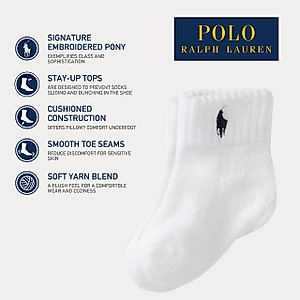 Polo Ralph Lauren Baby Boys Classic Ankle Socks 6 Pair Pack Soft Stretchy Yarn & Stay Up Top Quarter-Length Sport, White Black Pony, 18-24 Months US