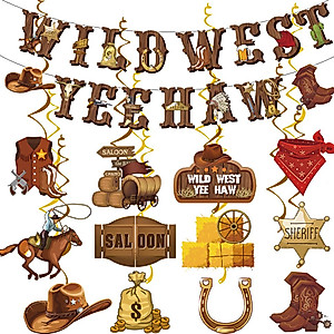 26Pcs Western Party Decorations West Cowboy Banner and West Cowboy Hanging Swirls Yee Haw Ceiling Streamers for Boys Birthday Western Baby Shower Party Decor Supplies