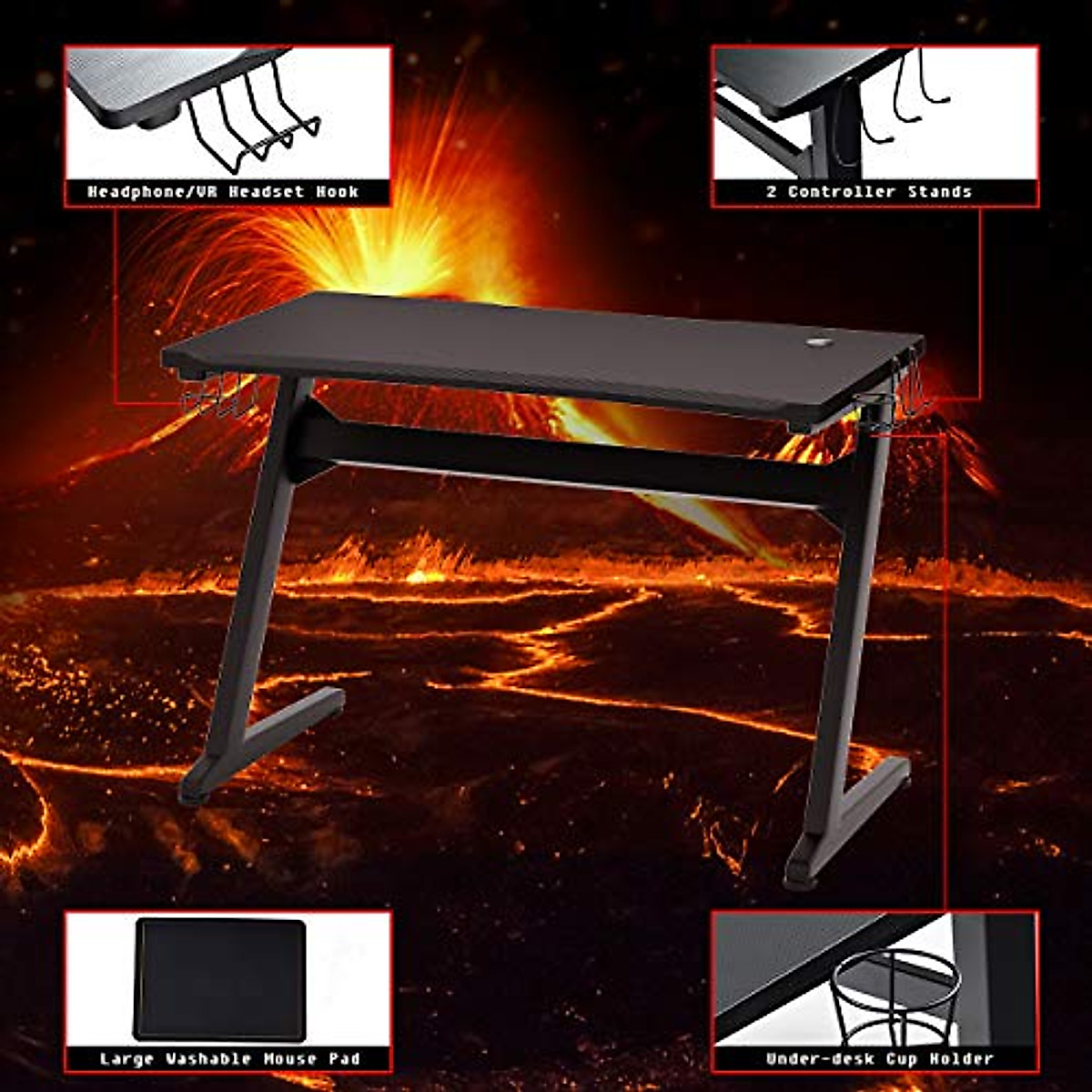Tangkula Gaming Desk, Z Shaped Ergonomic Gaming Computer Desk, E-Sports Game Desk with Cup & Headphone Holder and Mouse Pad, Gamer Workstation, Carbon Fiber Surface and Z-Shape Steel Frame (Black)