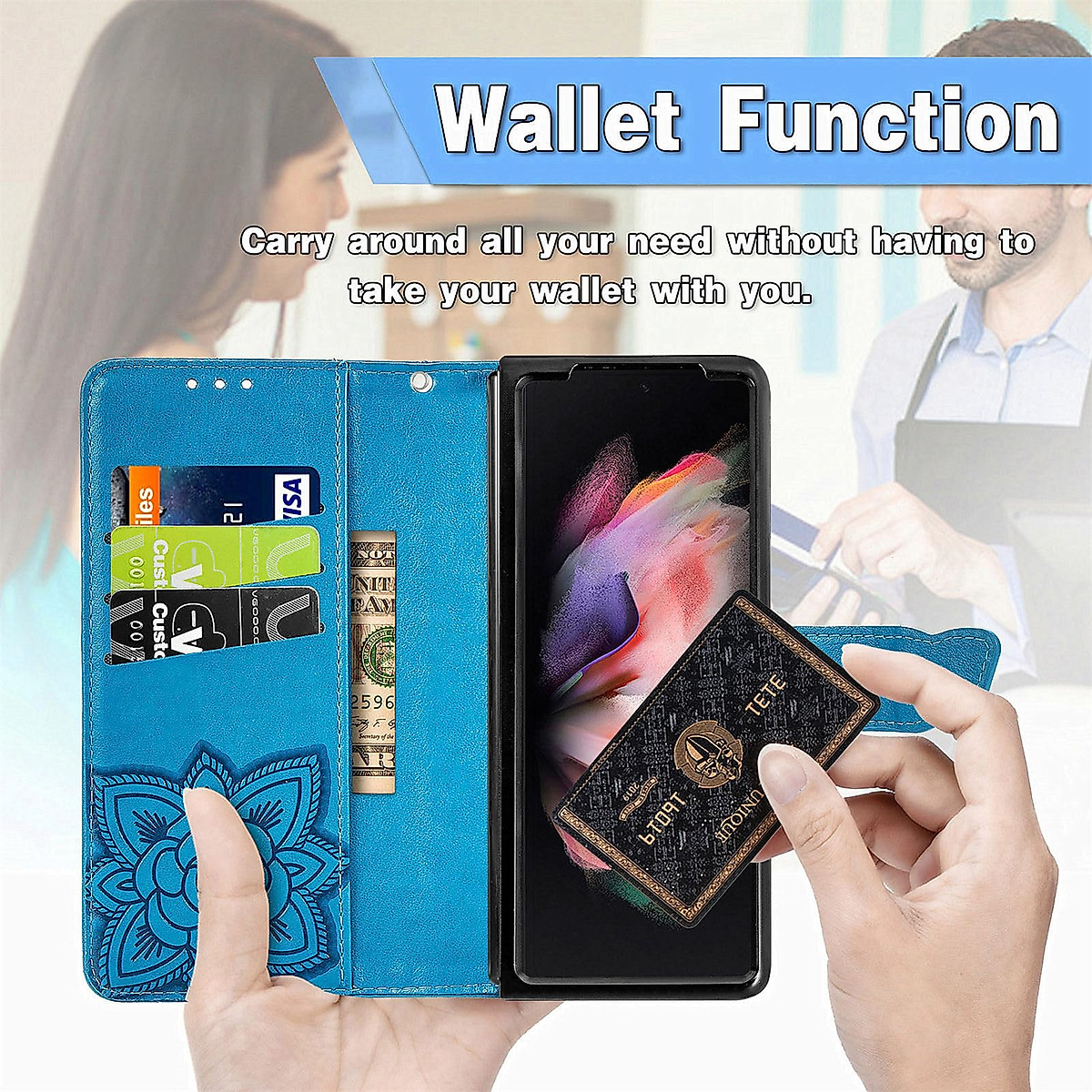 COTDINFOR Case for Samsung Galaxy Z Fold 5 Case Glitter Bling with Card Holder and Stand Leather Flip Wallet Diamond Butterfly Protective Case for Samsung Galaxy Z Fold 5 Crystal Blue