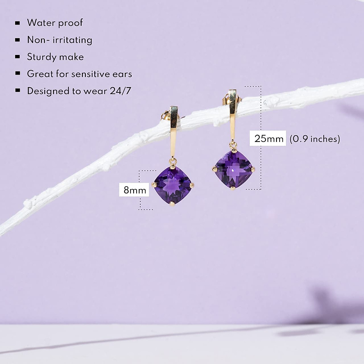 MAX + STONE 14k Yellow Gold Solitaire Cushion Cut Purple Amethyst Drop Dangle Earrings for Women 8mm February Birthstone with Push Backs