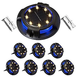 Solar Ground Lights Outdoor 8Pack 8 LED Solar Disk Lights,Solar Disc Lights Outdoor Waterproof,In ground Solar Garden Lights for Pathway Lawn Yard Deck Walkway Driveway(Warm White+Blue light)