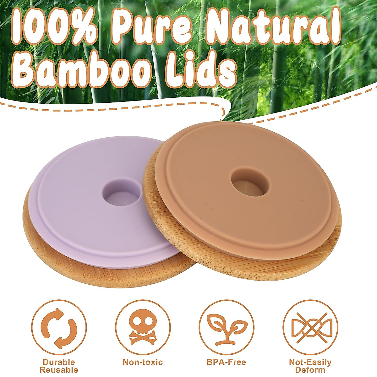 Cafezi Bamboo Lids Mason Jar Lids with Stainless Steel Straws,Reusable Lids with Straw Hole,2 Straws and 1 Straw Brush,Bamboo Mason Jar Lids for Wide and Regular Mouth Mason Jar