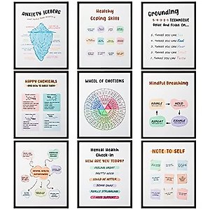 Andi Cppss 9PCS Mental Health Posters for Wall Art, Emotional Counseling Wall Decor, Therapy Counseling Positive Encouragement Wall Art, CBT Therapy Wall Decor for Office, Anxiety Treatment Posters