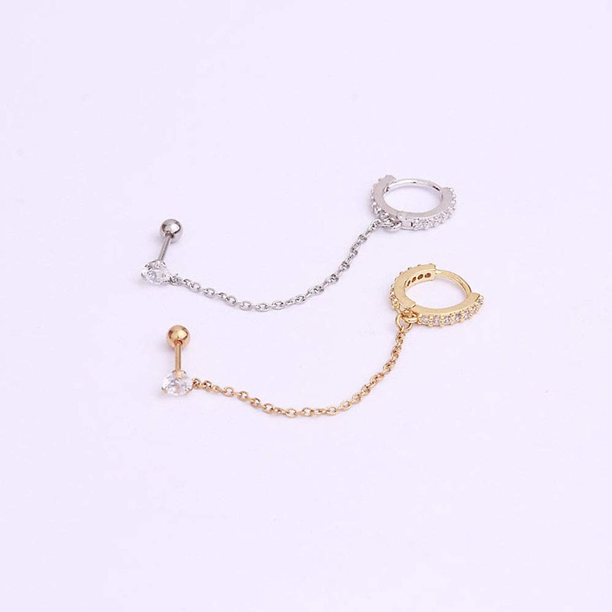 8mm CZ Small Hoop Earrings Dainty Clear Crystal Cartilage Stainless Steel 20g Screw Back Threader Chain Drop Dangle Stud Delicate Double Holes Cuff Wrap Crawler Climbers Hypoallergenic Studs (Silver)