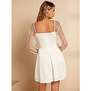 WDIRARA Women's Polka Dots Mesh Long Sleeve A Line Mini Flowy Wedding Guest Bridesmaid Dress White M