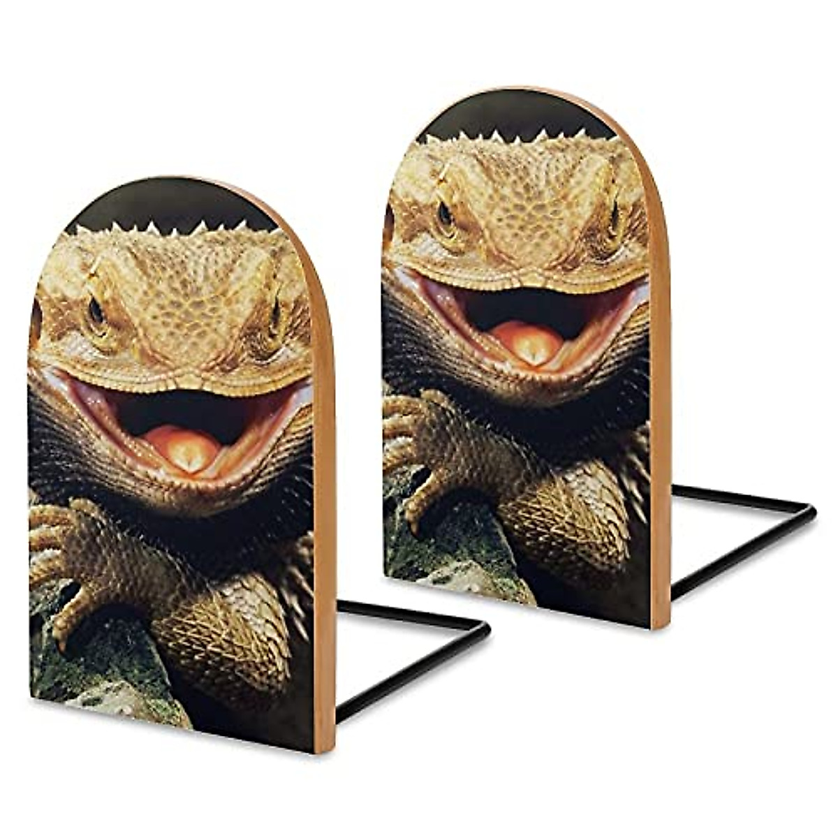 Cool Bearded Dragon Lizards Wooden Shelves Bookends Desktop Book Stand Book Ends Books Holder for Library School Home Office Study Bedroom Decoration（Logs）