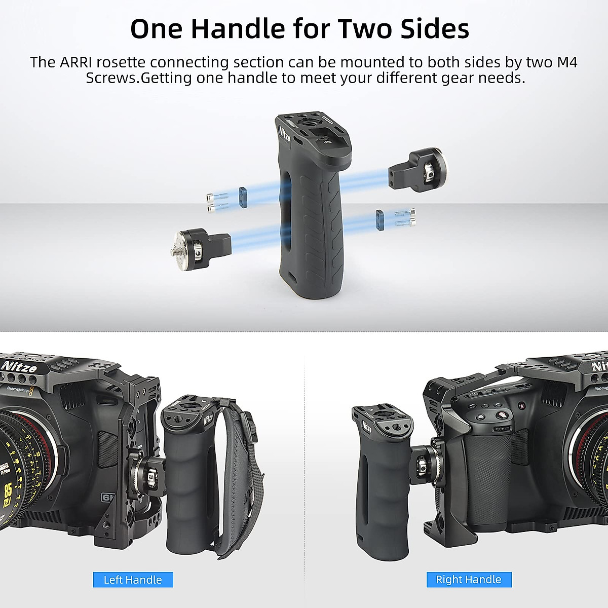 Nitze Ergonomic Side Handle with ARRI Rosette, Up and Down Adjustable Left/Right Side Handle for Camera and Monitor Rigs - PA29A