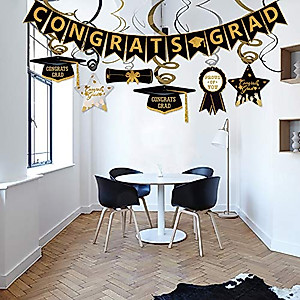 Graduation Hanging Swirl Banner Decorations, Black Gold Silver Star Banner Garland party Supplies for Class of 2023