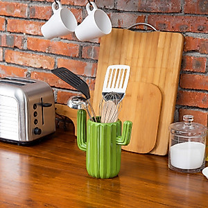 MyGift Southwestern Style Green Ceramic Utensil Holder with Cactus Shaped Design, Countertop Utensil Crock Container Kitchen Decor
