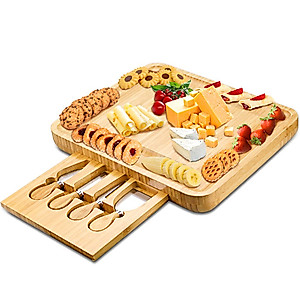 Mosskic Cheese Board and Knife Set,Bamboo Charcuterie Boards Platter Serving Tray for Housewarming Party Birthday Wedding Gifts