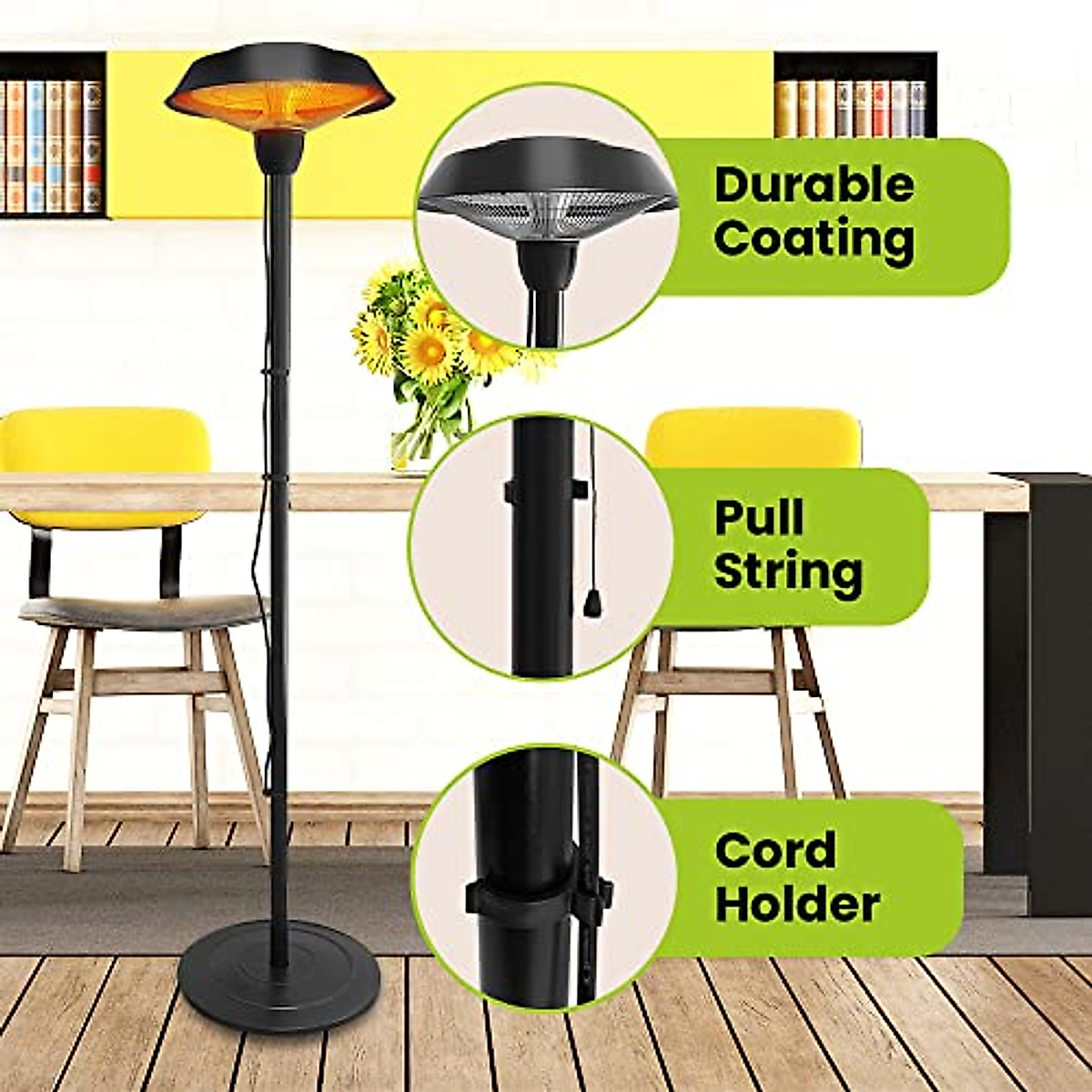 Patio Heater, Electric Patio Heater, 1500W Infrared Heater, Outdoor Heater, Infrared Patio Heater, Waterproof & Tip-Over Protection, for Indoor/Outdoor, Garden, Balcony, Garage and Backyard (EPH-BLK)