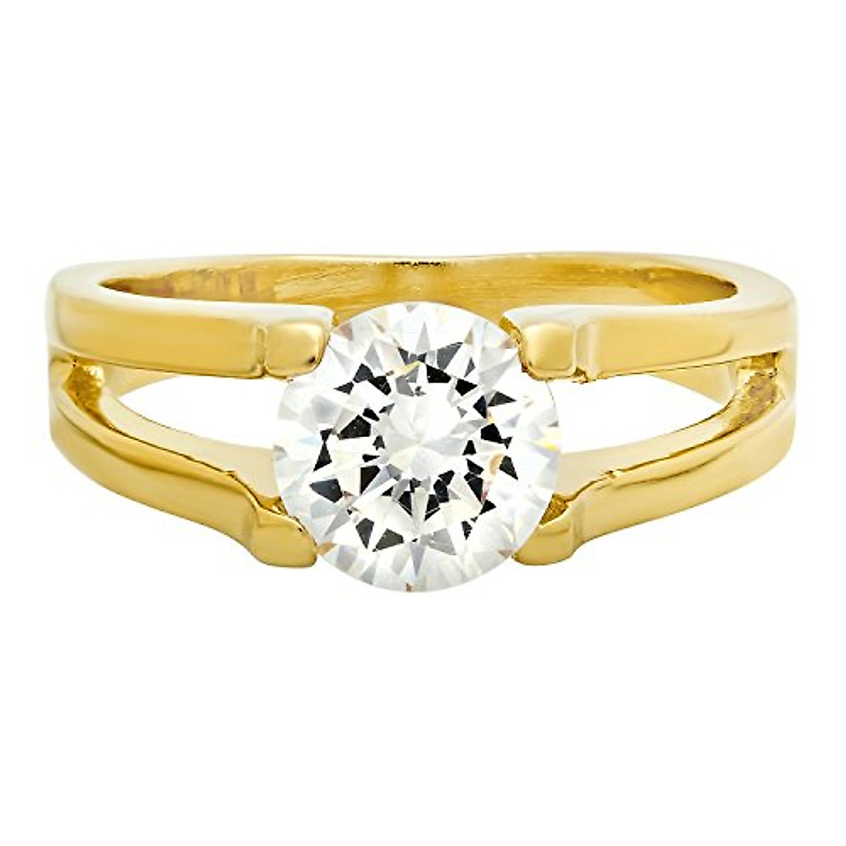 The Bling Factory 7mm Gold Plated Tension Set Round Brilliant CZ Solitaire Ring, Size 6.5