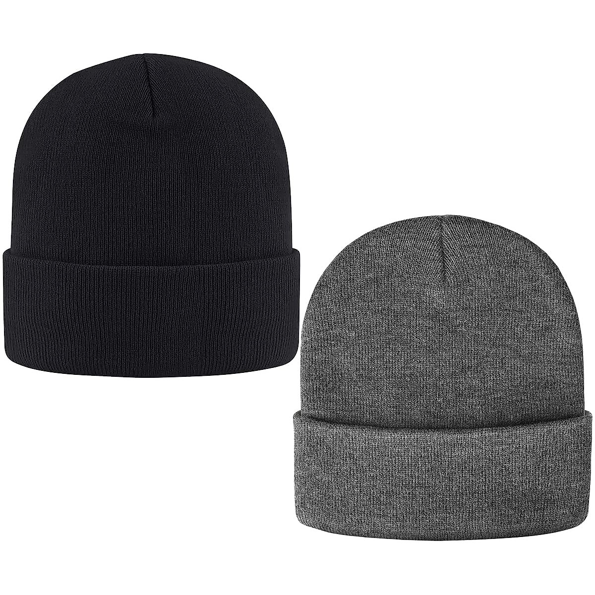 2-Pack Men's Standard Daily Beanie Hat Classic Cuffed Plain Skull Knit Winter Cap for Men & Women Warm Snug Slouchy Soft Headwear Unisex (Black&Dark Grey 2pcs)