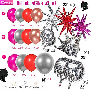 Hot Pink Red Silver Disco Balloon garland arch kit with Disco ball Starburst Crown balloons for girl birthday Disco dance theme 2024 graduation Prom party Decorations