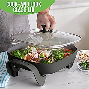 GreenLife Healthy Ceramic Nonstick, 12" 5QT Square Electric Skillet with Glass Lid, Dishwasher Safe, Adjustable Temperature Control, PFAS-Free, Black