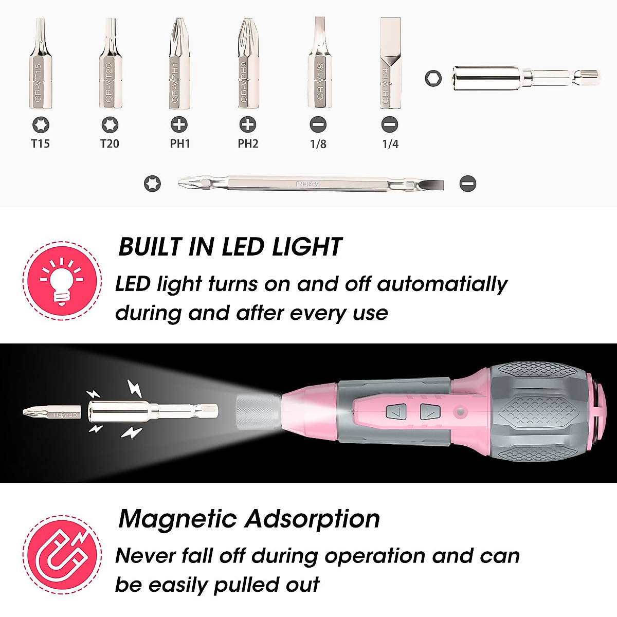 WORKPRO Electric Cordless Screwdriver Set - 4V USB Rechargeable Lithium-ion Battery Screwdriver Kit with LED Light - Small Screwdriver with 7pcs Bits for Home, Office, Apartment - Pink Ribbon