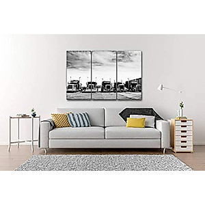 Trucks Convoy, California Black And White Print On Canvas Wall Artwork Modern Photography Home Decor Unique Pattern Stretched and Framed 3 piece
