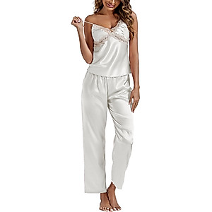 LYANER Women's Satin Silk Pajamas Set V Neck lace Trim Cami Top and Pants Sleepwear Pjs Set White Large