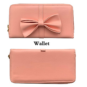 Rullar Women 2Pcs Handbag Set Bow-Knot Satchel Top-handle Crossbody Bag Tote Wallet Purse with Heart Pendant Pink