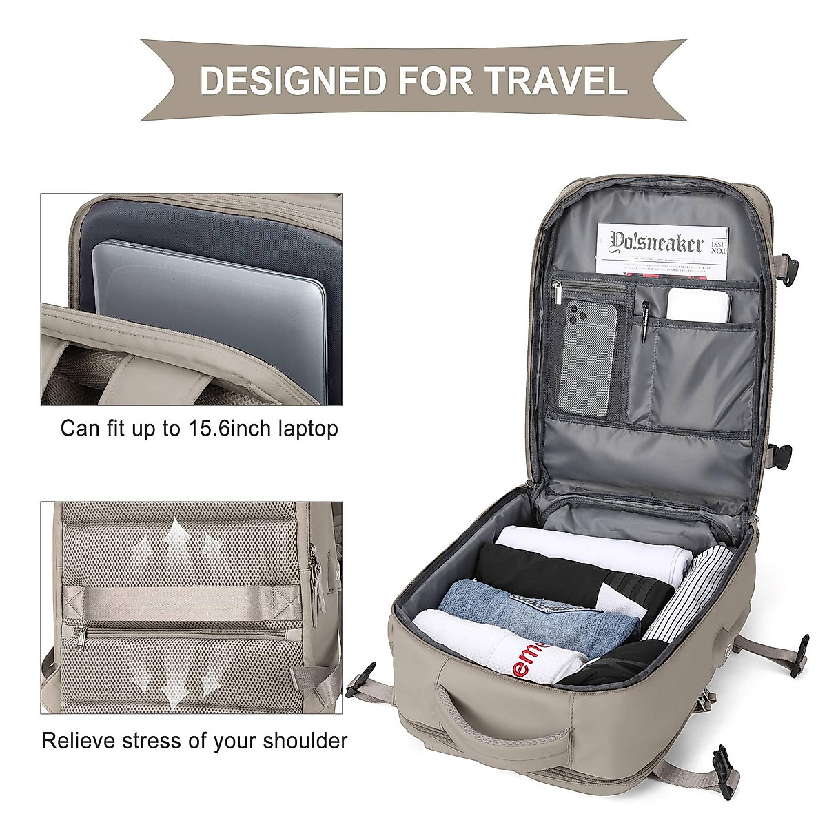 Large Travel Backpack Women, Carry On Backpack, Hiking Backpack Waterproof Outdoor Sports Rucksack Casual Daypack with USB Charging Port Shoes Compartment, Grey Brown