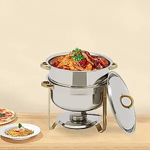 Choice 14.2 Qt Deluxe Round Gold Accent Soup Chafer - High-Capacity Stainless Steel Chafing Dish with Fuel Paste Container, Detachable Lid and Pot, U-Shaped Handles, Perfect for Buffets