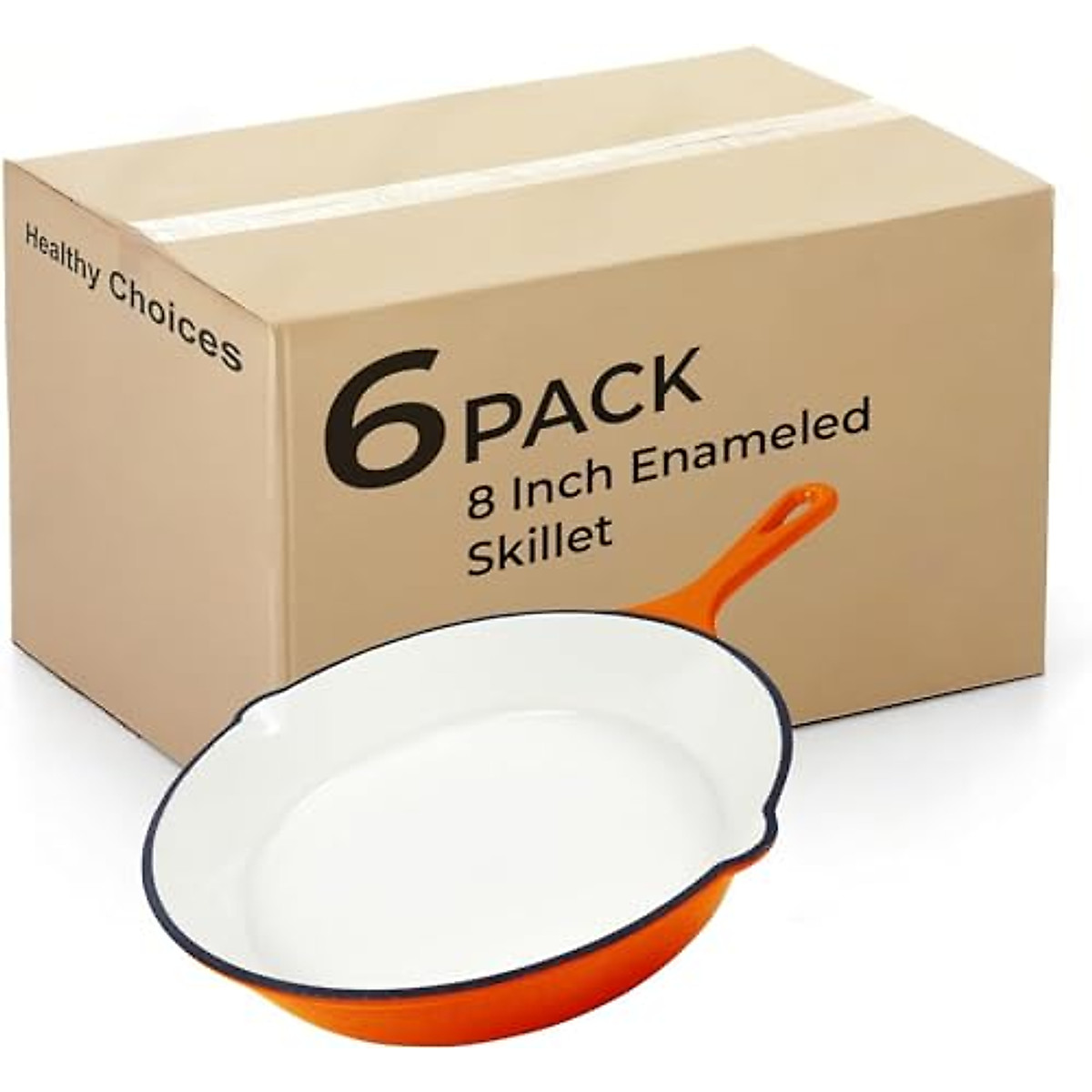 Healthy Choices Enameled Cast Iron Skillet, 8" Set of 6, Professional Cast Iron Pan, Orange & White Enameled Skillet, Oven Safe, Bake Cookies, Sauces, Desserts, BBQ, Dishwasher, Induction, Open Fire