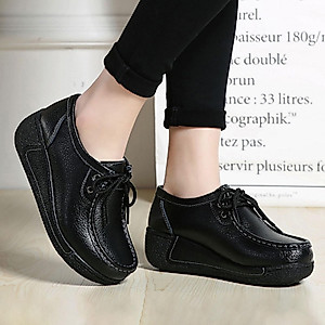 MOYOWEI Women's Leather Platform Wedge Sneakers,Comfort Moc Toe Non-Slip Softsole Lace-up Casual Walking Loafers Boat Shoes (6,Black)