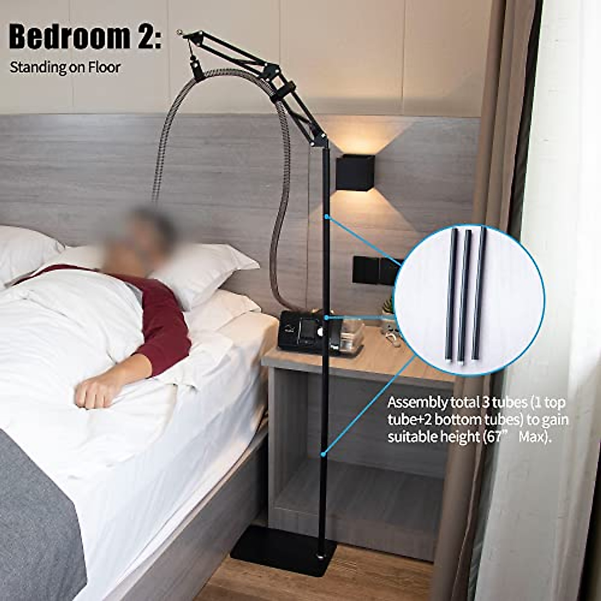 CPAP Hose Tube Holder Support Clamp Clip Hook Support Bedside Storage Kit_Metal Structure Strong_5.6 ft Max High_Angle Height Adjustable_Prevent Hose Loose Tangle Air Leakage During Sleep