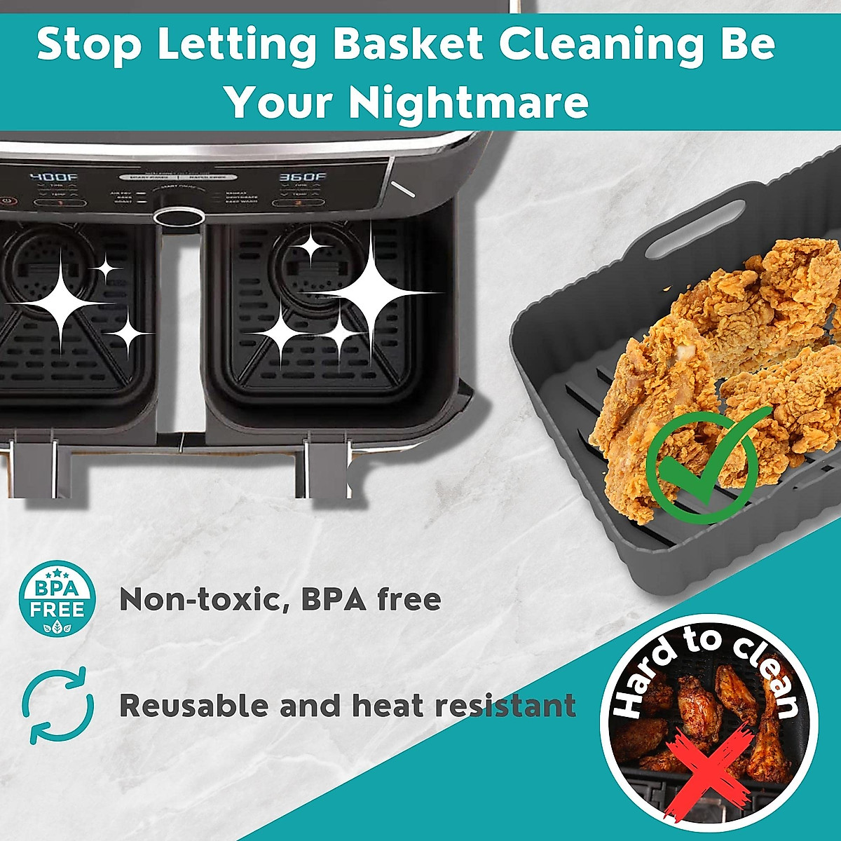 Air Fryer Silicone Pot Rectangular for Ninja Foodi Dual DZ201/DZ401 10QT, Reusable Silicone Airfryer Liner Replacement Baking Tray Basket | Non-stick | Easy Cleaning | Food Safe | Gray / 2Pcs