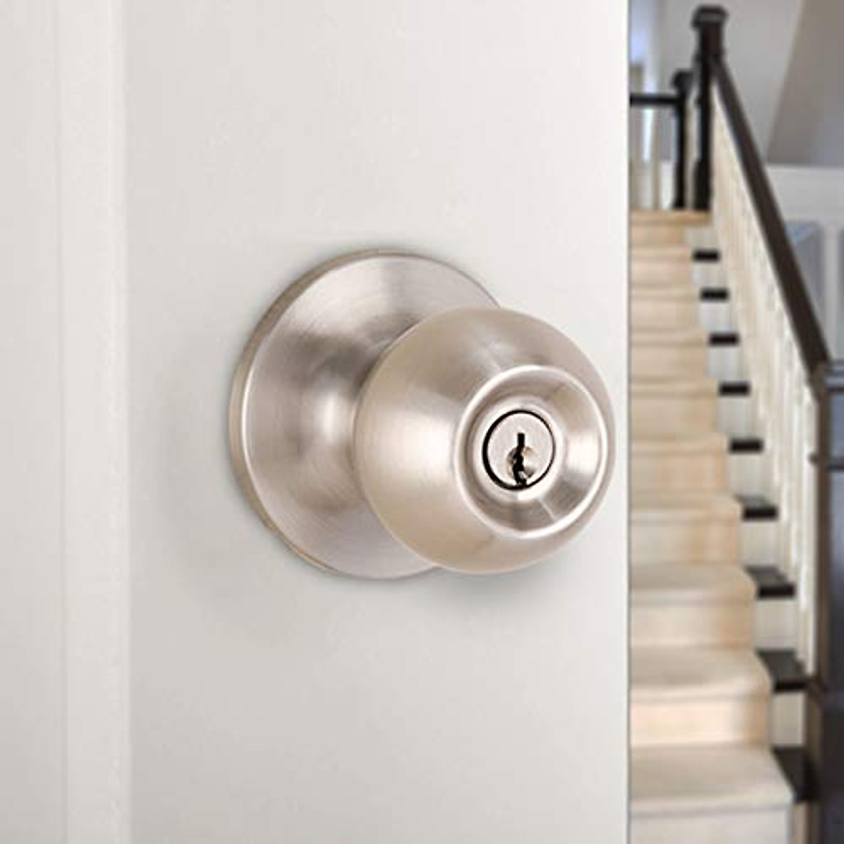 Amazon Basics Exterior Door Knob With Lock, Standard Ball, Satin Nickel