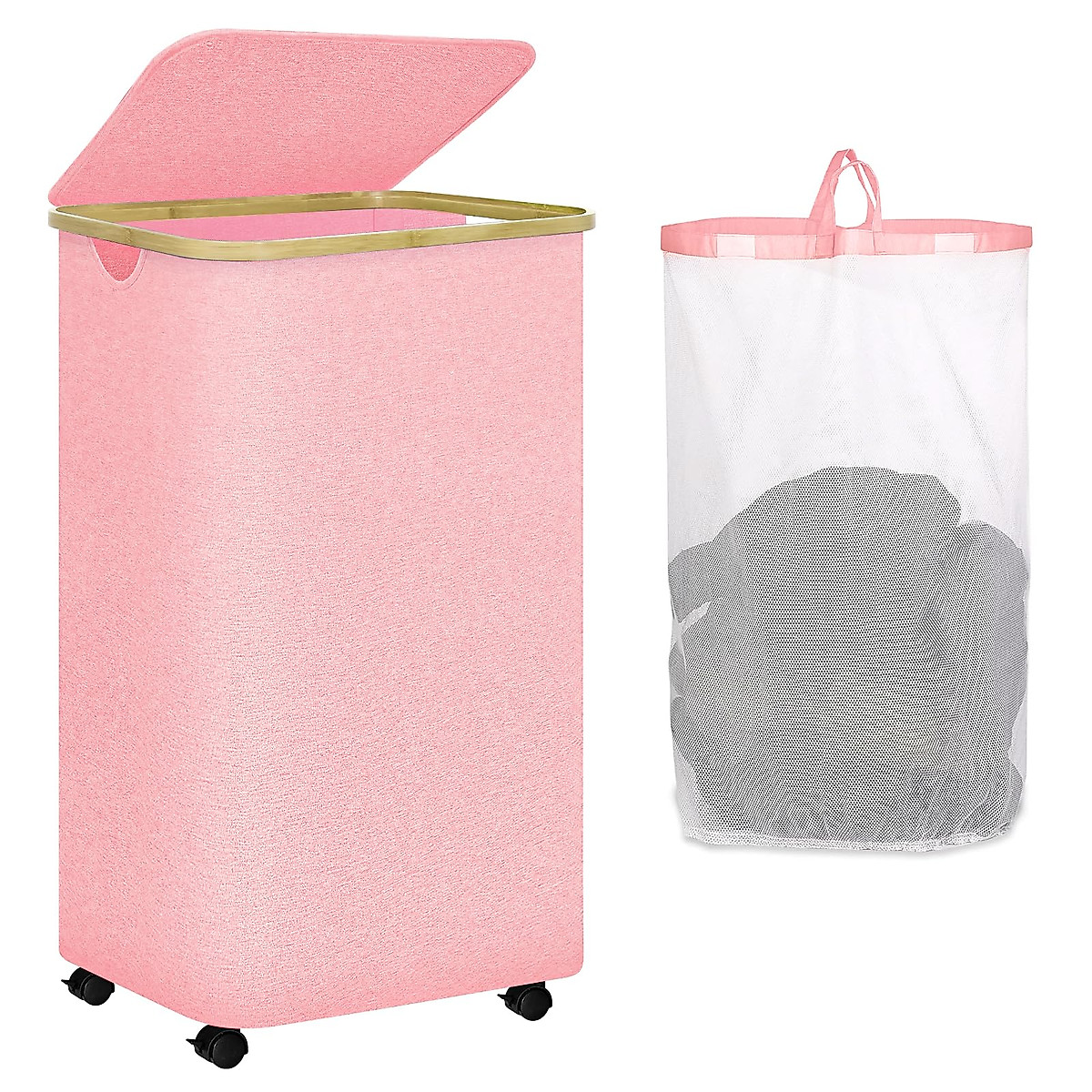 Pink Laundry Hamper with Wheels - 100L Large Laundry Hamper with Lid, Rolling Laundry Hamper on Wheels, Collapsible Laundry Hamper with Removable Mesh Bag and Bamboo Handles for Easy Carrying